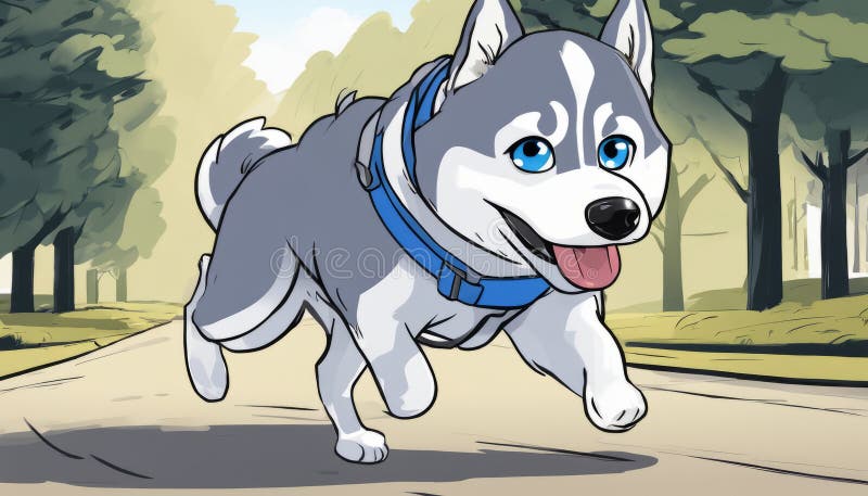 A Husky Dog Running Down a Street Stock Illustration - Illustration of ...
