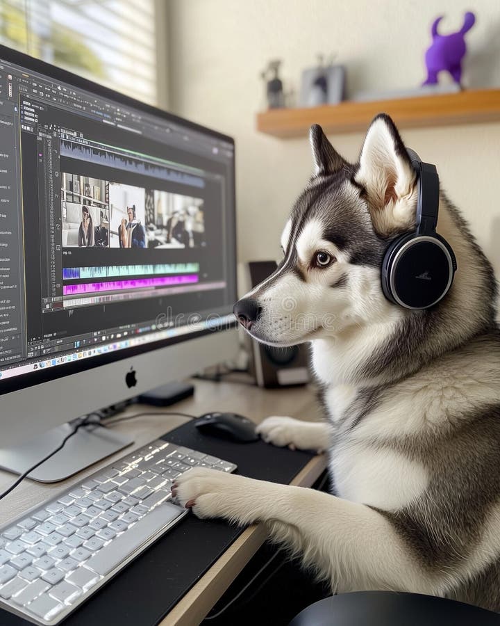 Husky Dog Wearing Headphones Editing Video on Computer. Stock Photo ...