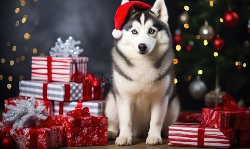 Husky Dog Wearing Santa Hat Next To Presents Stock Illustration ...