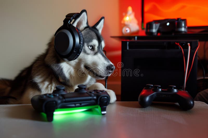 Husky with Headset on, Sitting Next To a Gaming Console Stock Photo ...
