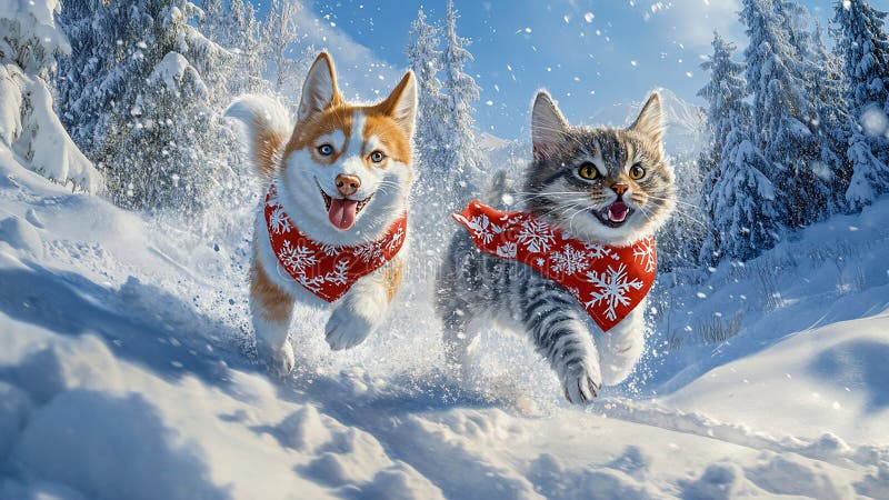 Husky and Norwegian Forest Cat Running through Snowy Landscape Stock ...