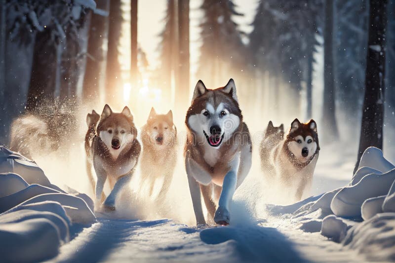 Husky Sled Dog Pack Racing through Snowy Forest Stock Illustration ...