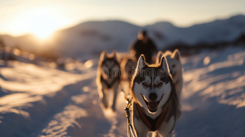 Husky Sled Dogs Pulling a Sled in Arctic Mountain Wilderness. Stock ...
