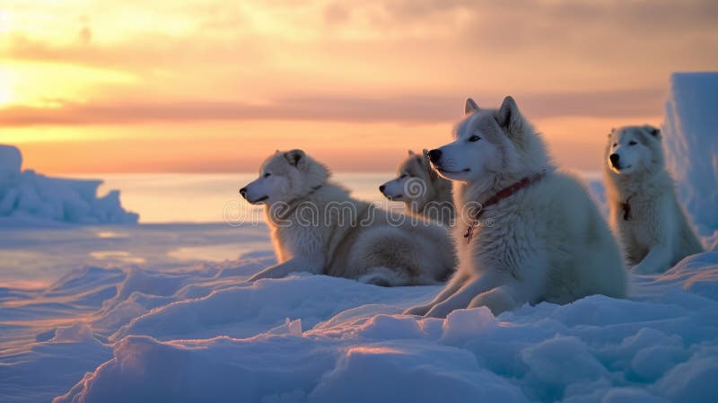 Husky Sled Dogs Rest on Sea Ice. Generative AI. Stock Image - Image of ...