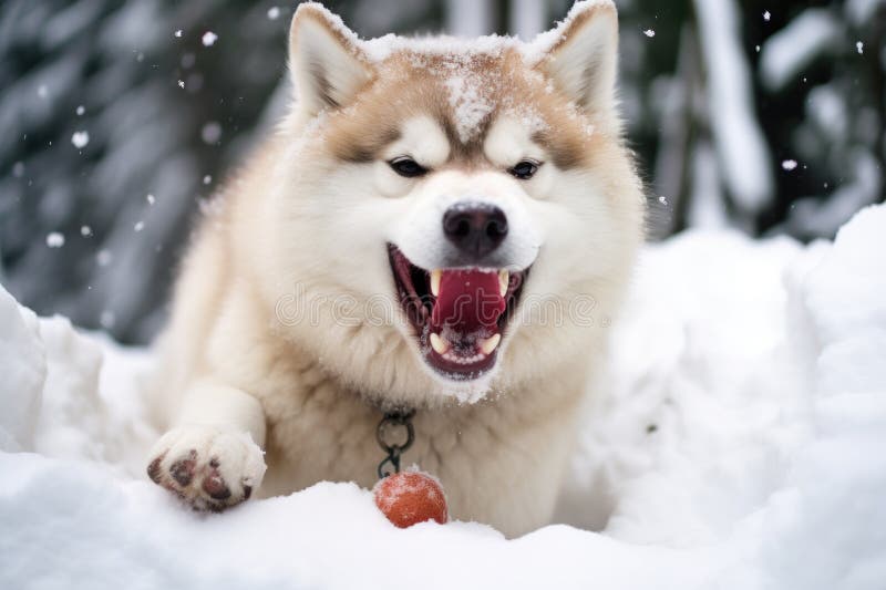 A Husky in the Snow, Playfully Biting at Its Tail Stock Photo - Image ...