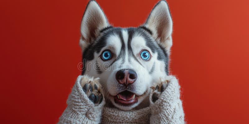 Husky with Surprised Expression in Cozy Sweater on Red Background ...