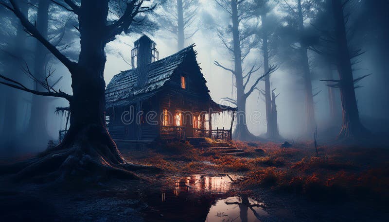Hut in a dark forest stock illustration. Illustration of light - 366588411