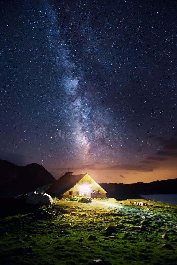 Hut in the Mountains at Night Under the Milkyway Stock Image - Image of ...