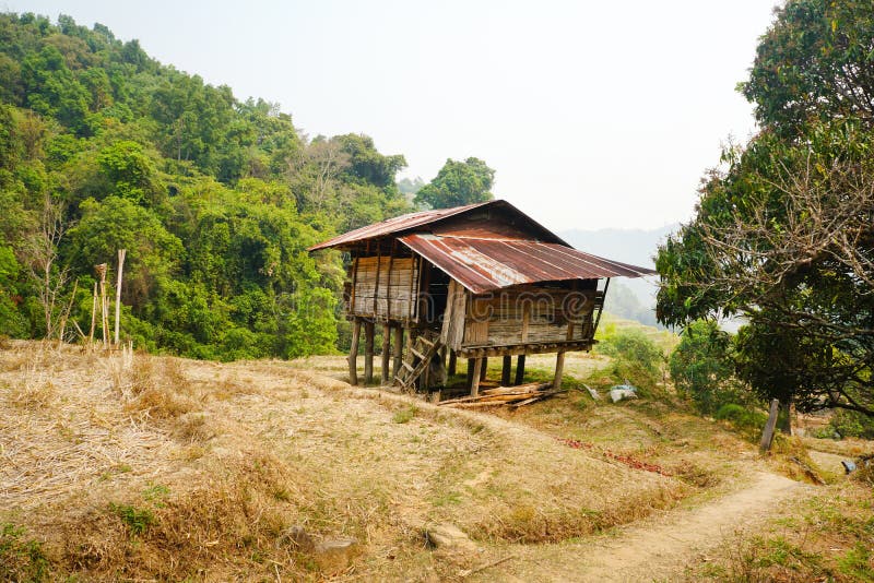 The Hut at the End of the Rice Fields among the Mountains. Stock Photo ...