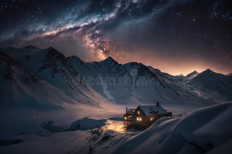 A Hut at Snow Mountain on Aurora and Star Sky Background. Generative Ai ...