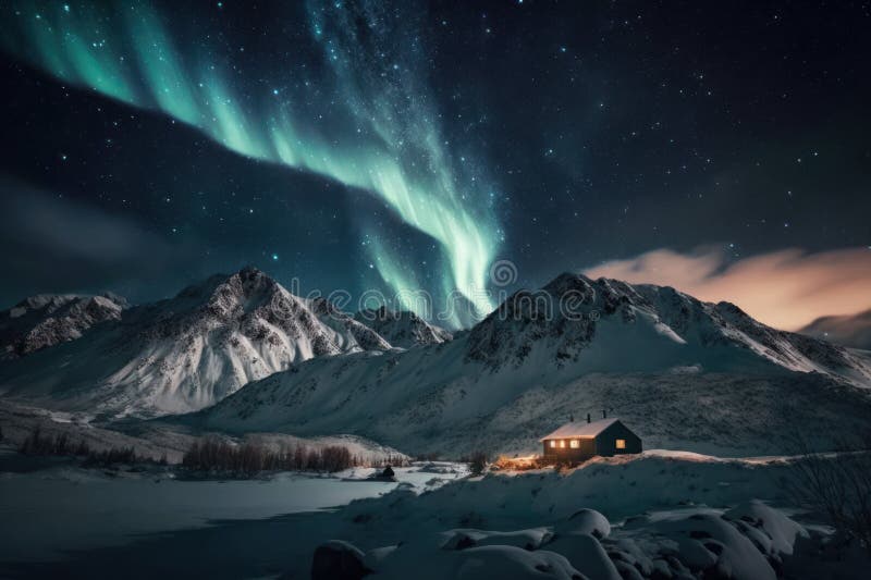 A Hut at Snow Mountain on Aurora and Star Sky Background. Generative Ai ... A Hut at Snow Mountain on Aurora and Star Sky Background. Generative Ai ...