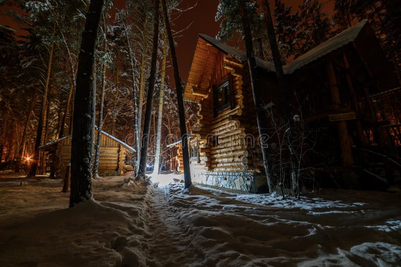 Hut on a winter night. stock image. Image of dark, chalet - 167449395