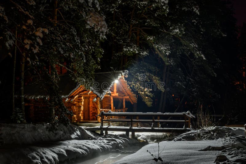 Hut on a winter night. stock image. Image of dark, snow - 167449411