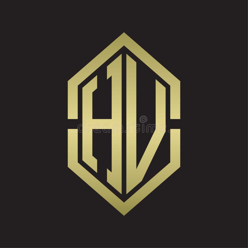 HV Logo Monogram with Hexagon Shape and Outline Slice Style with Gold ...