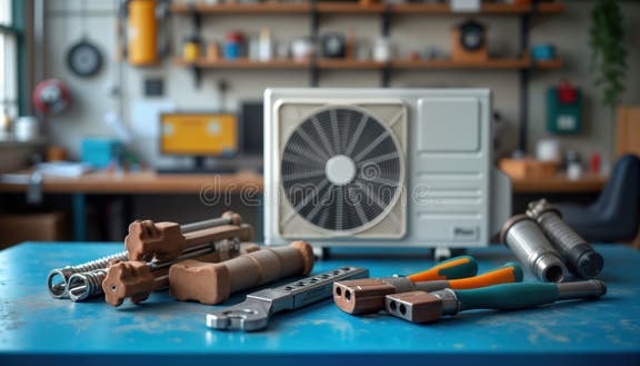 HVAC System Components, Tools Laid Out on Work Surface. Workshop ...