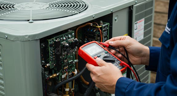 HVAC Technician in Blue Uniform Testing AC Unit with Multimeter Stock ...