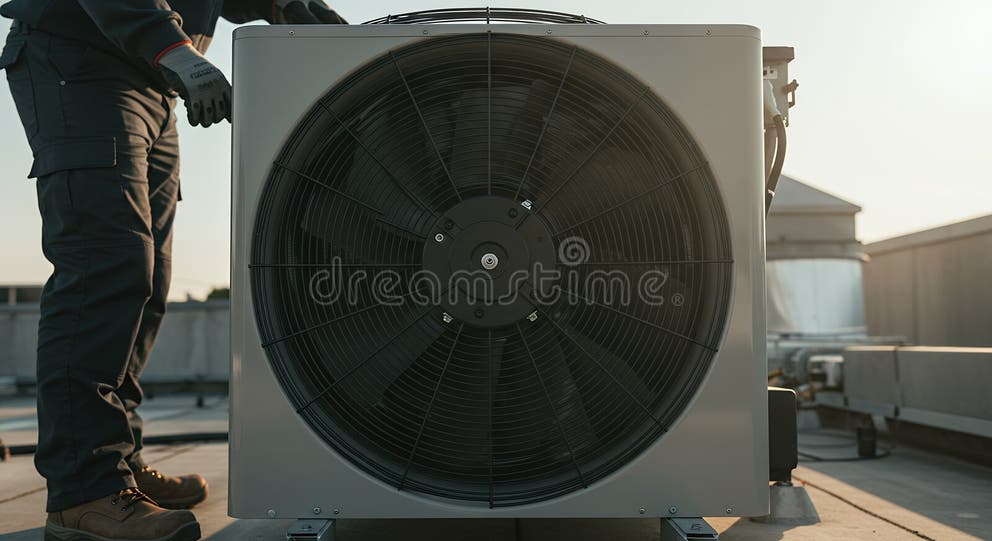 HVAC Technician Inspecting Rooftop Air Conditioning Unit at Sunset ...