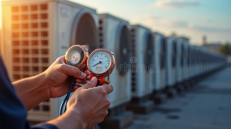 HVAC Technician Using Manometer To Test Air Conditioning Systems ...