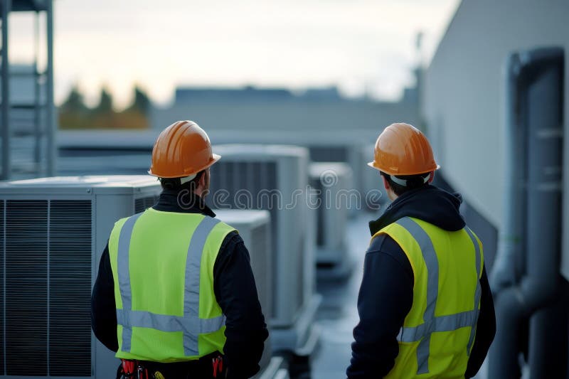 HVAC Technicians in Hard Hats and Reflective Vests Standing by Air ...