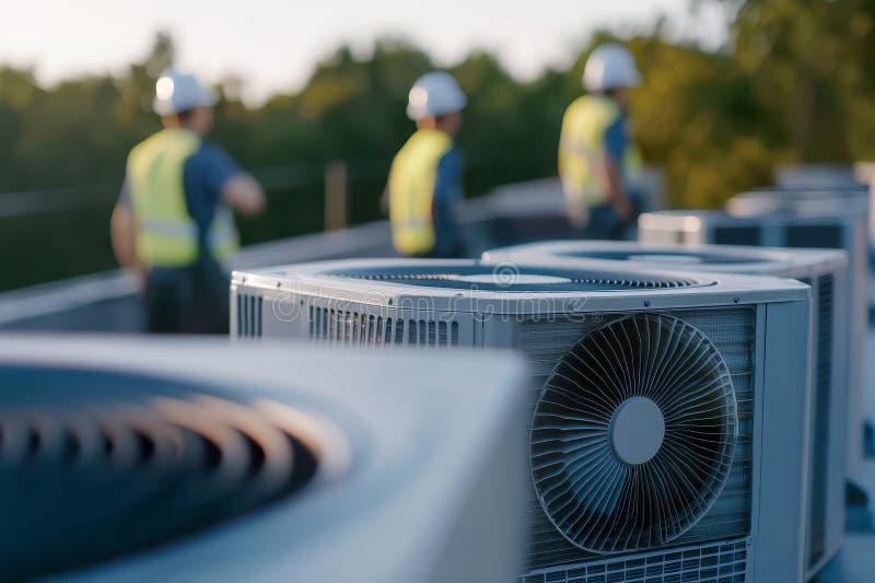 HVAC Technicians in Hard Hats and Reflective Vests Standing by Air ...