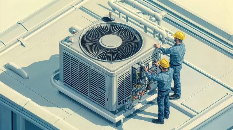 Hvac Technicians Maintaining Rooftop Air Conditioning Unit Stock Photo ...
