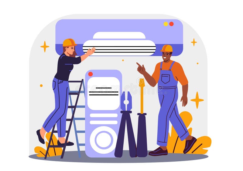 HVAC Technicians Servicing Air Unit. Vector Illustration Stock Vector ...