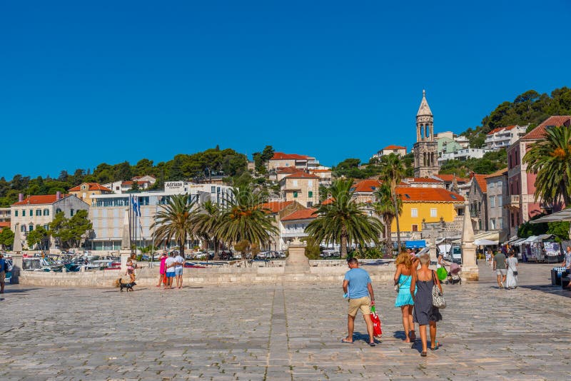 Hvar, Croatia, July 29, 2020: People are Strolling at Waterfront ...