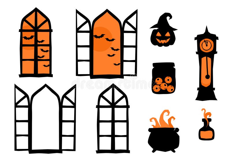 Halloween Windows and Clock Stock Vector - Illustration of standing ...