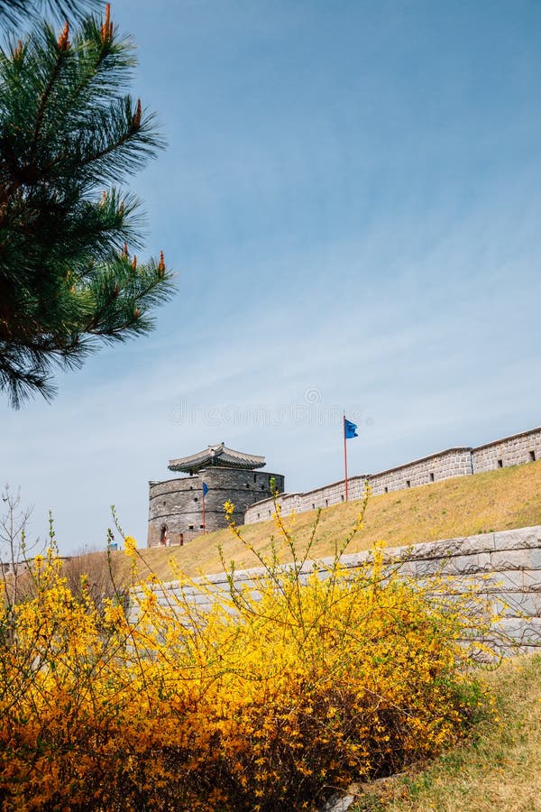 Hwaseong Fortress at Spring in Suwon, Korea Stock Image - Image of blue ...