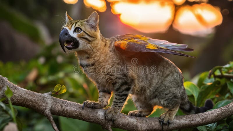 Hybrid of a Cat and Bird, Sitting in the Tree, AI Stock Image - Image ...