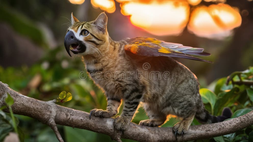 Hybrid of a Cat and Bird, Sitting in the Tree, AI Stock Image - Image ...