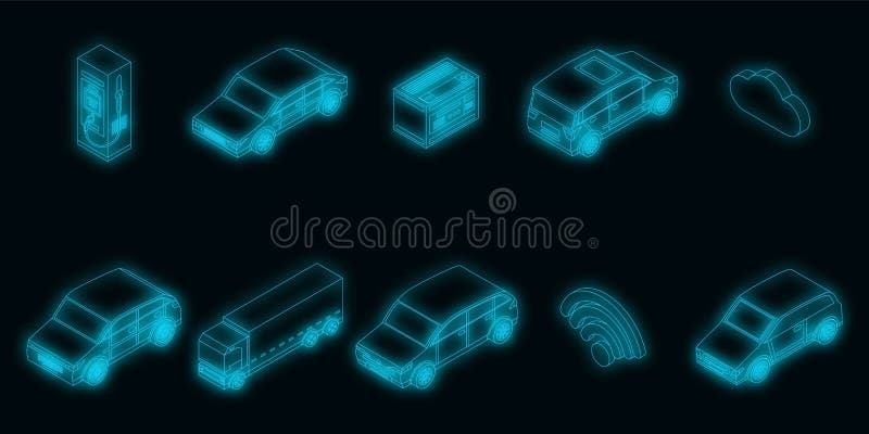 Hybrid Icons Set Vector Neon Stock Vector - Illustration of battery ...