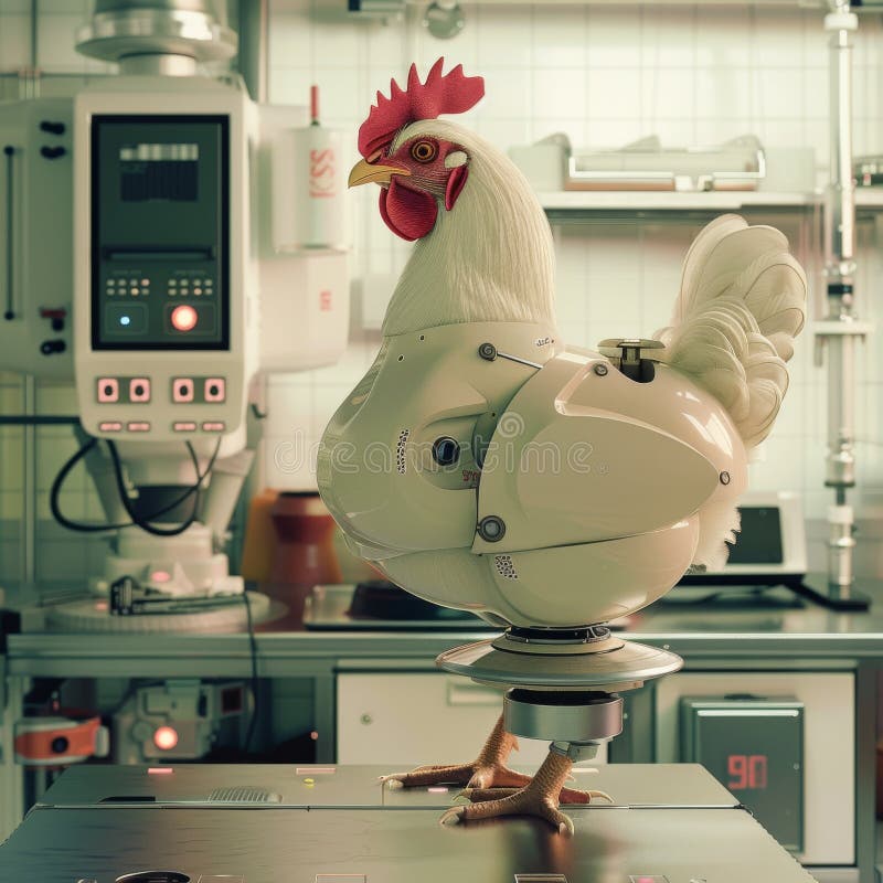 A Hybrid Image of a Chicken Roboticized in a High-tech Farm House ...