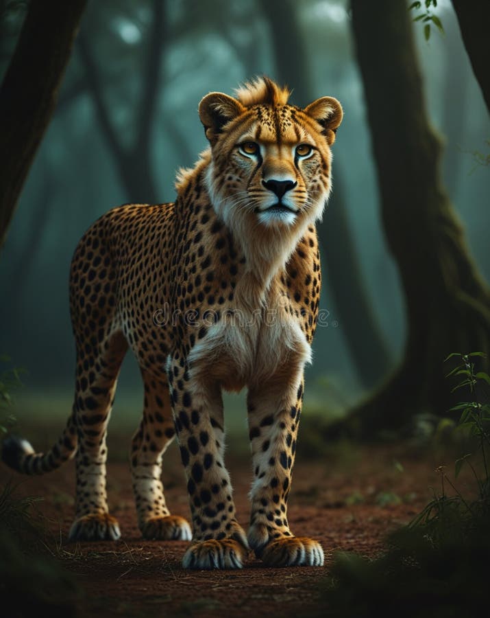 Hybrid Lion Cheetah Standing in Forest, AI Generative Stock Photo ...