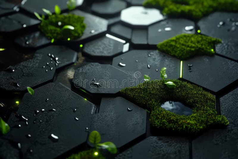 A Hybrid Nature-tech 3D Background Where Hexagonal Tiles Blend with ...