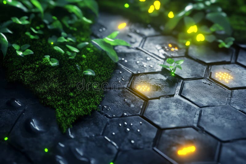 A Hybrid Nature-tech 3D Background Where Hexagonal Tiles Blend with ...