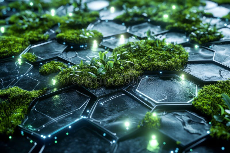 A Hybrid Nature-tech 3D Background Where Hexagonal Tiles Blend with ...