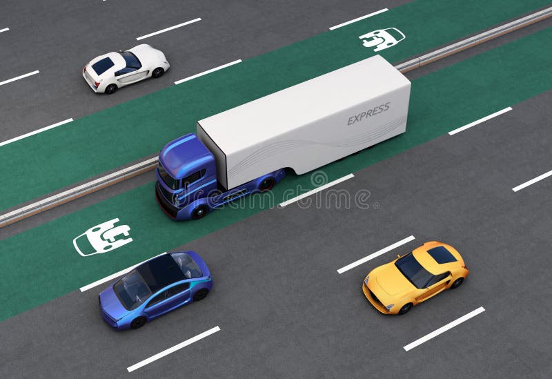Hybrid Truck on EV Priority Lane. Concept for EV Priority Traffic on ...