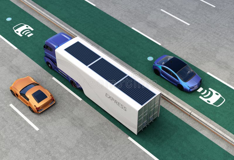 Hybrid Truck on EV Priority Lane. Concept for EV Priority Traffic on ...