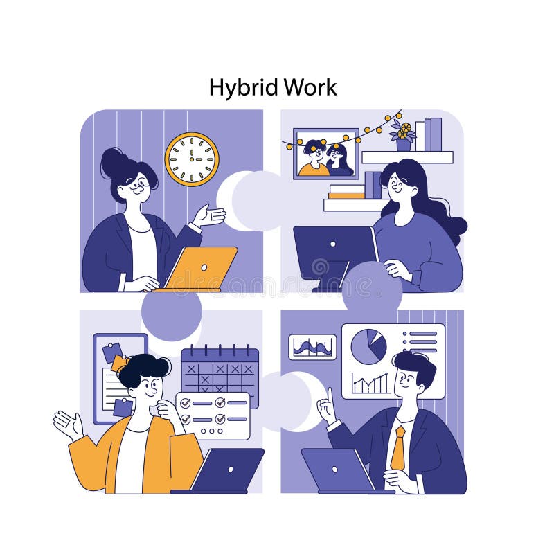 Hybrid Work. Flat Vector Illustration Stock Vector - Illustration of ...