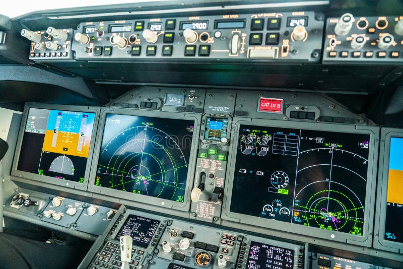 Flight deck of the modern Boeing 737-8 MAX airplane with large primary ...