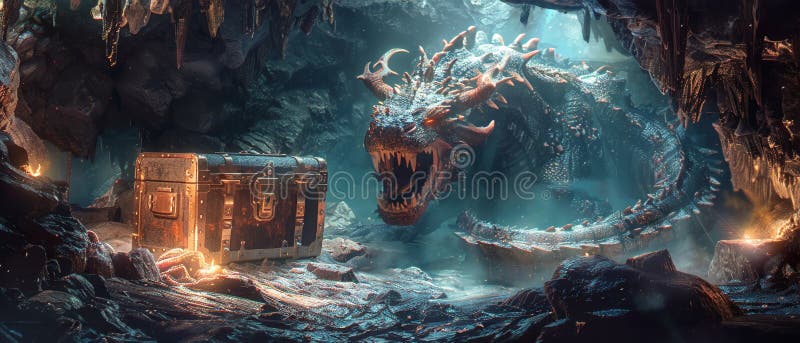 Hydra and Treasure Chest in a Cave, Mythical Guardian in a Mysterious ...