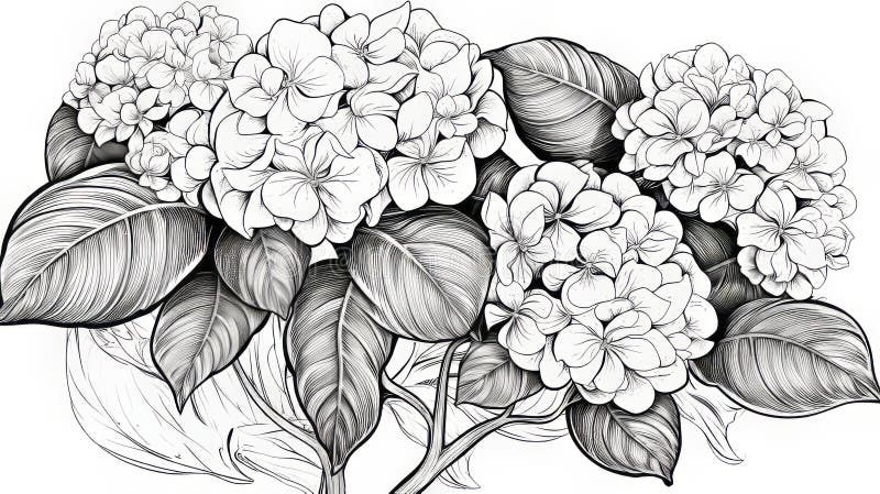 Hydrangea Coloring Page with Detailed Character Illustrations Stock ...