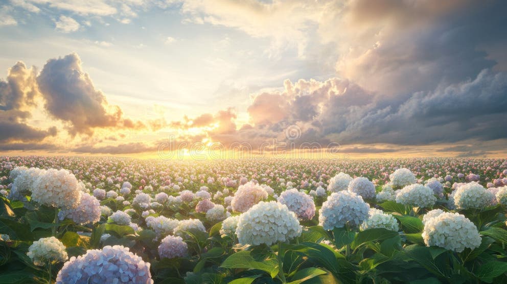 Hydrangea Field at Sunset with Dramatic Clouds Stock Illustration - Illustration of flower ...