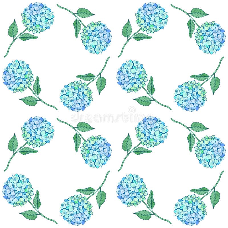 Hydrangea Flower Seamless Pattern. Blue Green Petals, Stem and Leaves ...