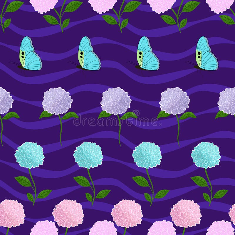 Hydrangea Flowers and Butterfly Pattern Design on Purple Wavy Stripes ...