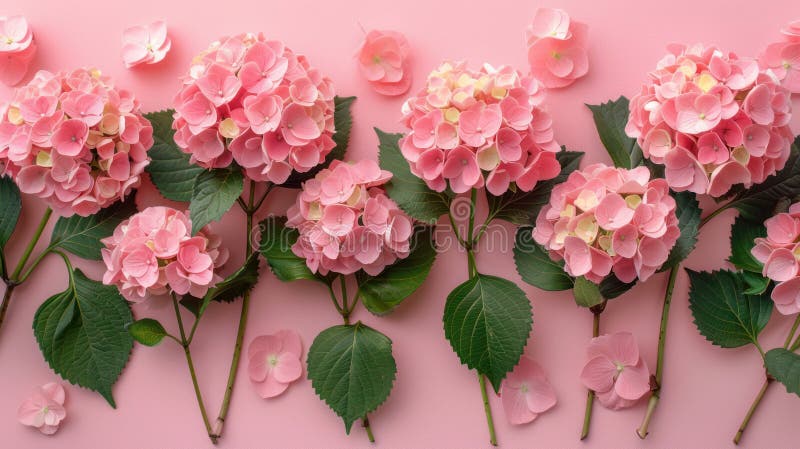 Hydrangea Flowers Composition on Pastel Pink Background - Flat Lay Top ...
