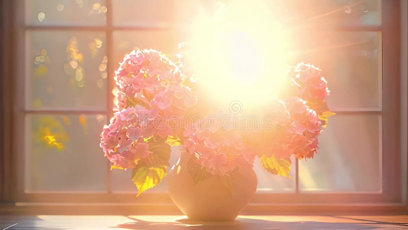 Hydrangea Flowers in White Vase on Window Sill with Sunlight Shining ...