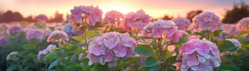 Hydrangeas Field on Blurred Sunrise Background. Banner for Web ...