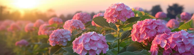Hydrangeas Field Blurred Sunrise Banner Background. Generative AI Stock ...
